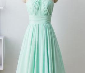 Halter Mint Green Bridesmaid Dresses Short Chiffon A Line Knee Length ...