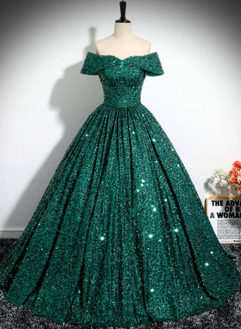Emerald Green Sparkly Prom Dresses 2024 Off The Shoulder Sequins A Line ...