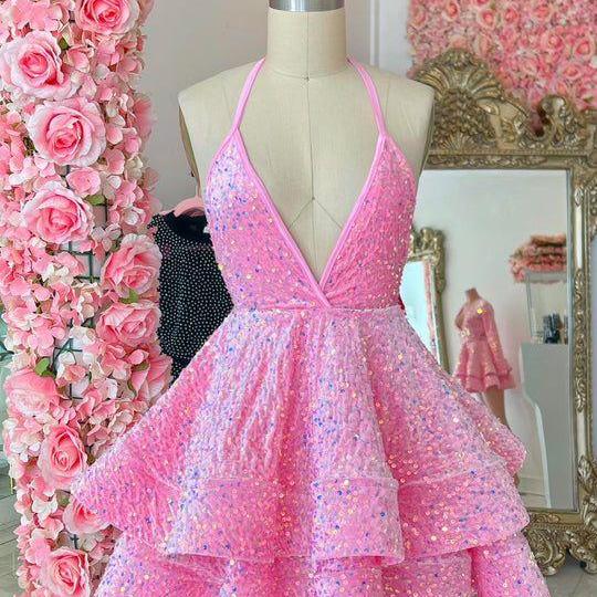 Halter Pink Prom Dresses Short 2024 Sparkly Sexy Cocktail Dresses ...