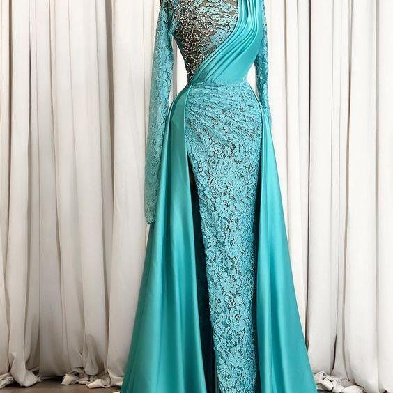 High Neck Arabic Prom Dresses 2023 Lace Applique Beaded Elegant Muslim ...