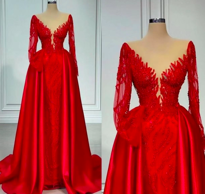 Muslim Arabic Prom Dresses Long Sleeve Lace Applique Beaded Detachable ...