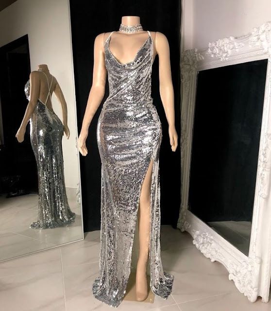 Sexy Formal Party Dresses Silver Glitter Evening Dresses With Side Slit ...