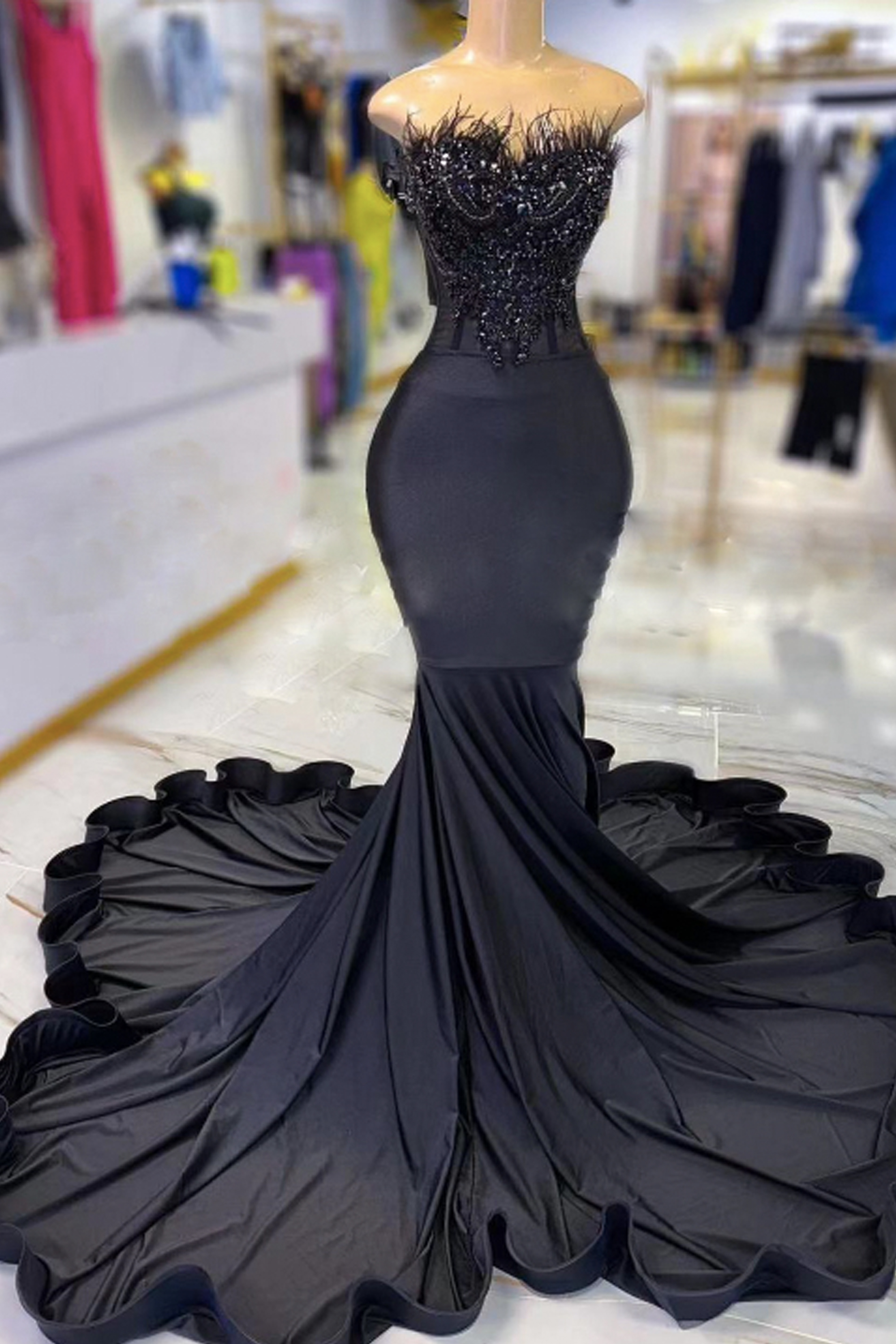 Feather Prom Dresses Black Girls Fashion Beaded Applique Mermaid ...